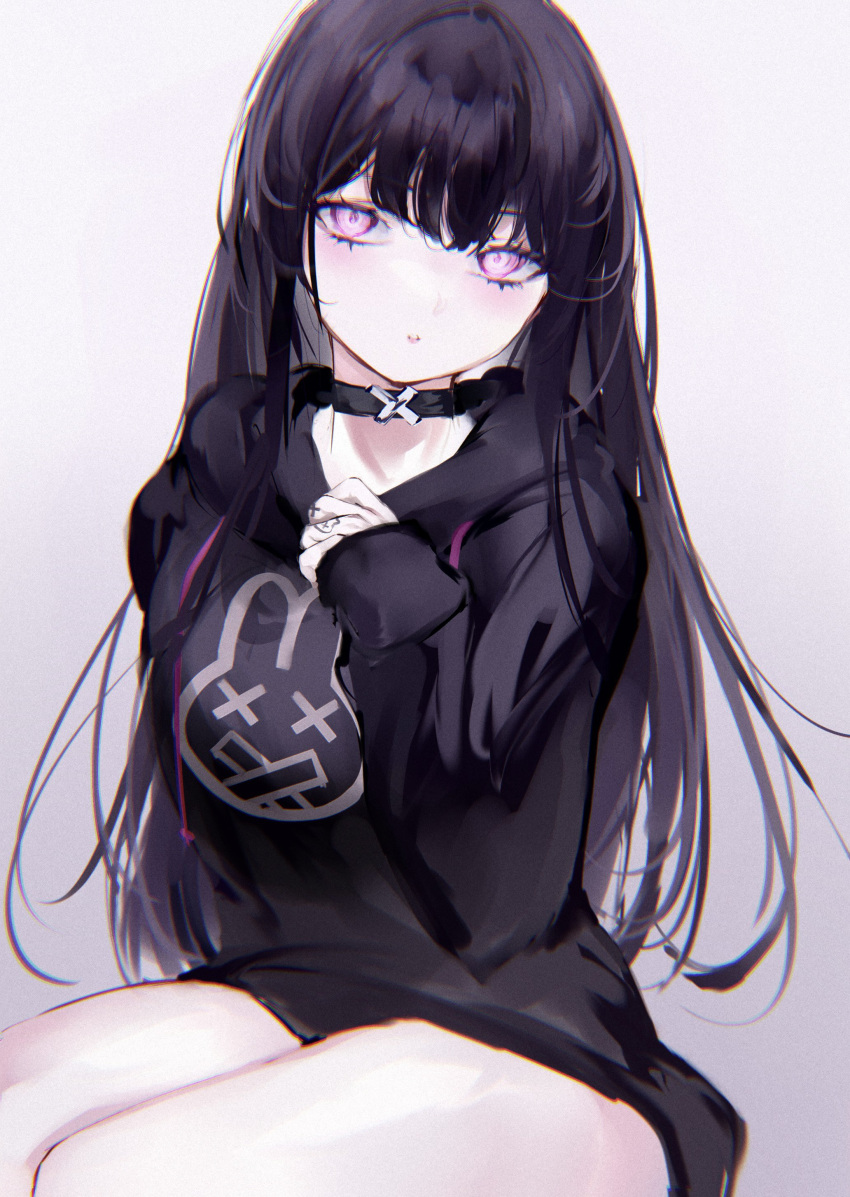 Safebooru - 1girl absurdres black choker black hair black hoodie choker ...