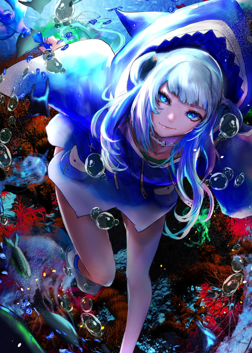 Safebooru - 1girl air bubble animal hood bangs blue eyes blue hair blue hoodie blunt bangs ...