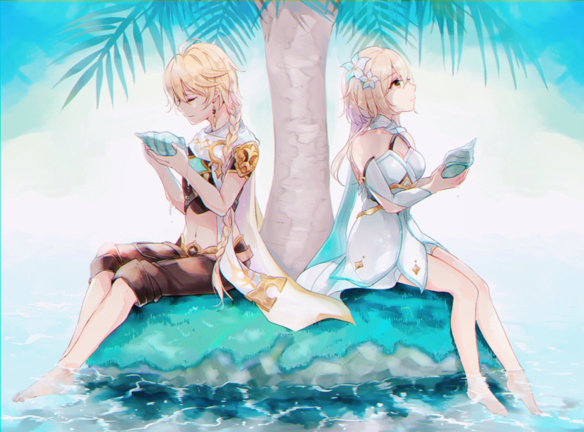 Safebooru - 1boy 1girl aether (genshin impact) ahoge back-to-back barefoot blonde hair blue eyes ...