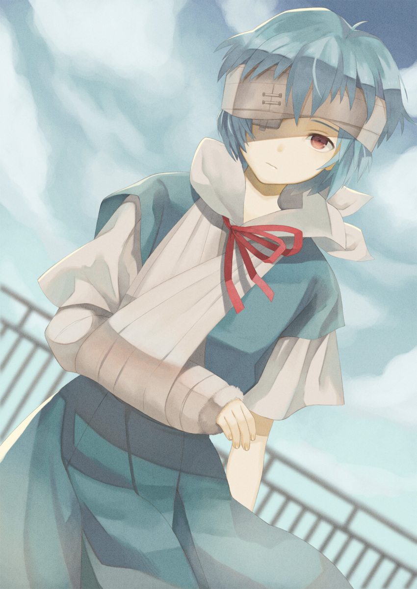 Safebooru - 1girl ayanami rei bandages blue hair closed mouth clouds cloudy sky highres neon ...