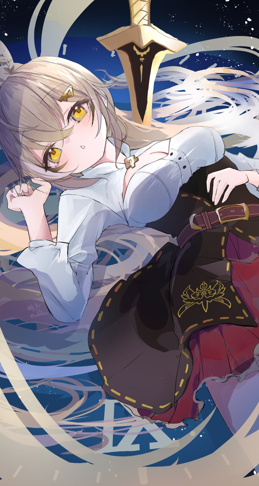 Safebooru - 1girl :o absurdres analog clock bangs belt brown corset ...