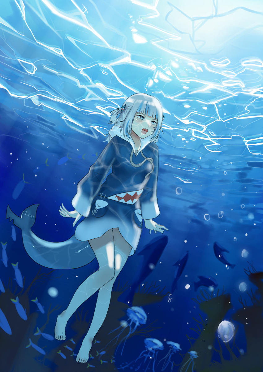 Safebooru - 1girl absurdres bangs barefoot blue eyes blue hair blue hoodie blunt bangs bubble ...