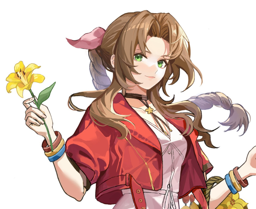 Safebooru - 1girl aerith gainsborough bangs boots bracelet braid braided ponytail breasts brown ...