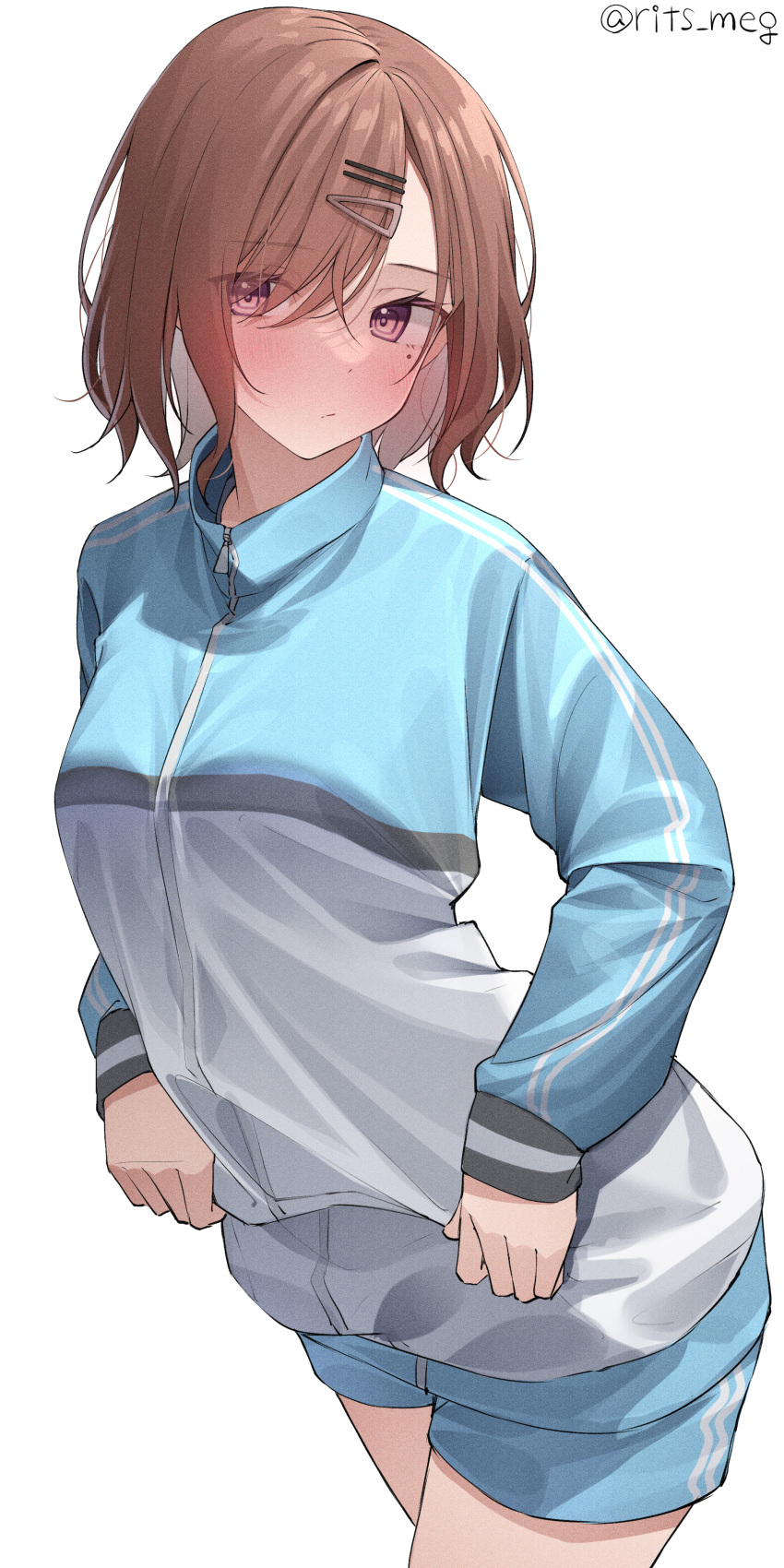 Safebooru - 1girl absurdres blue shorts blush breasts highres higuchi ...