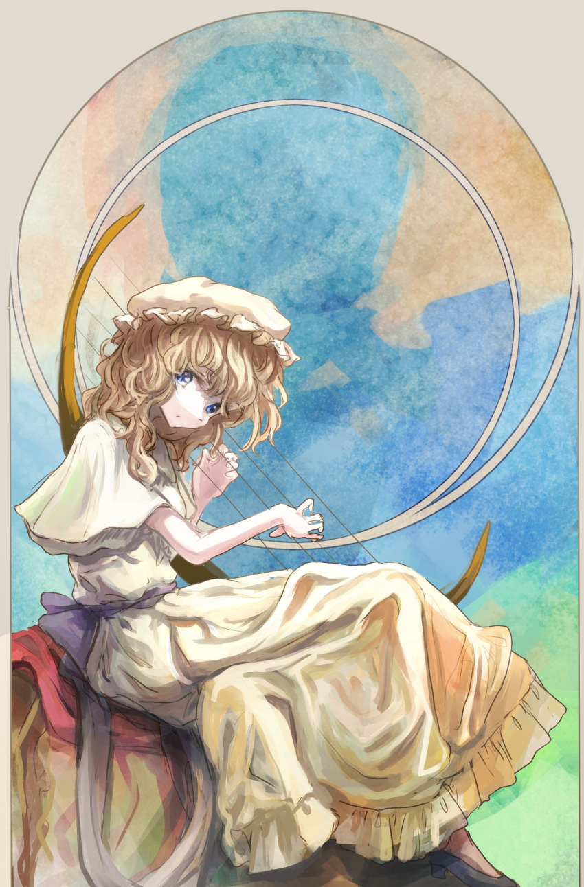 Safebooru - 1girl absurdres bangs black footwear blue eyes bow commentary dress full body harp ...