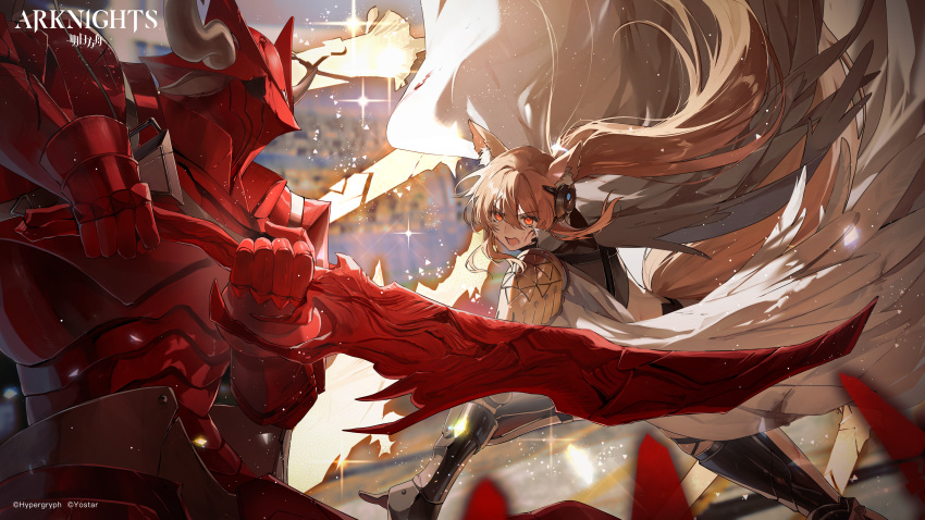 Safebooru - 1boy 1girl absurdres animal ear fluff animal ears arknights armor blonde hair cape ...