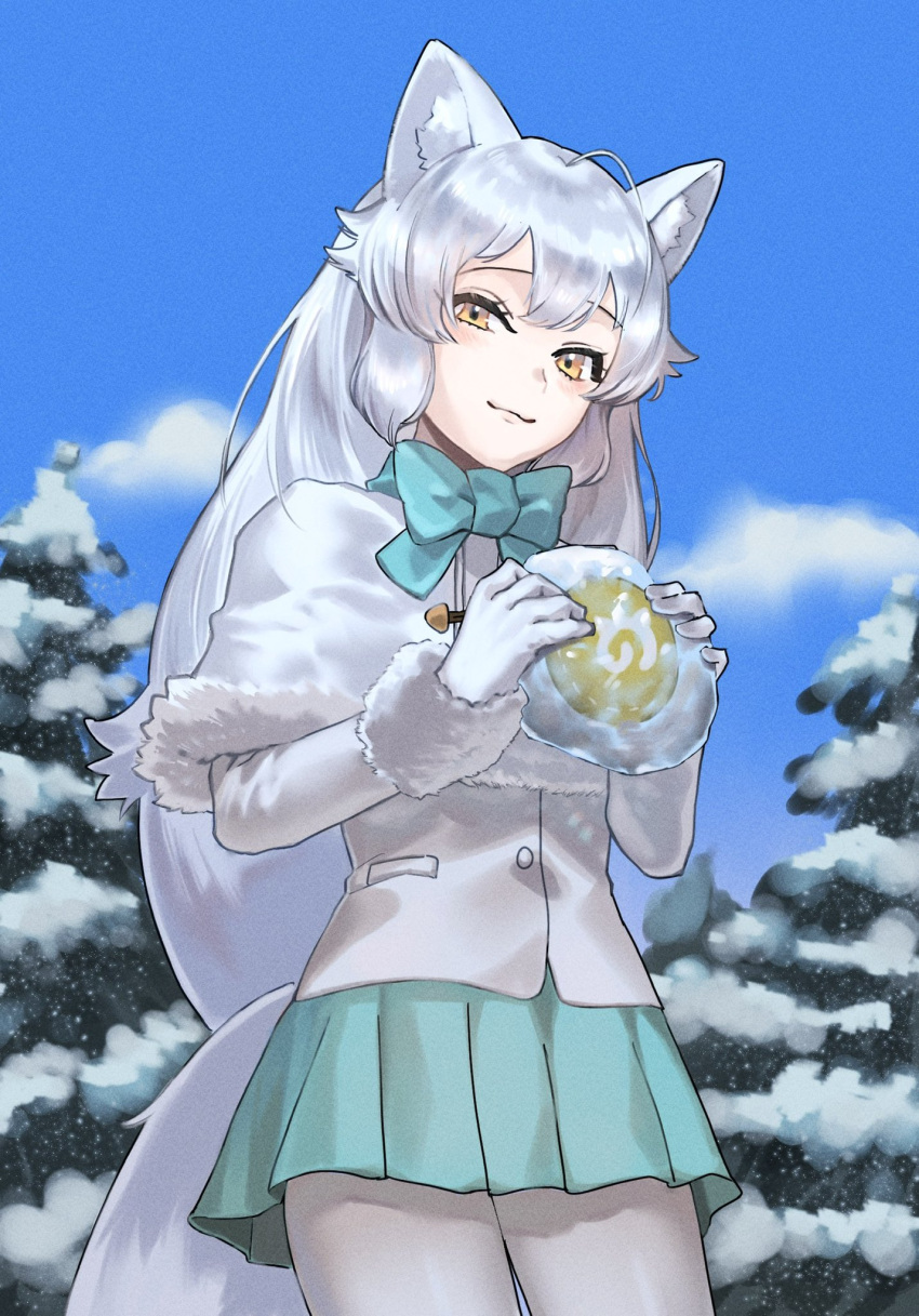 Safebooru - 1girl :3 animal ears arctic fox (kemono friends) blue bow blue bowtie blue skirt ...