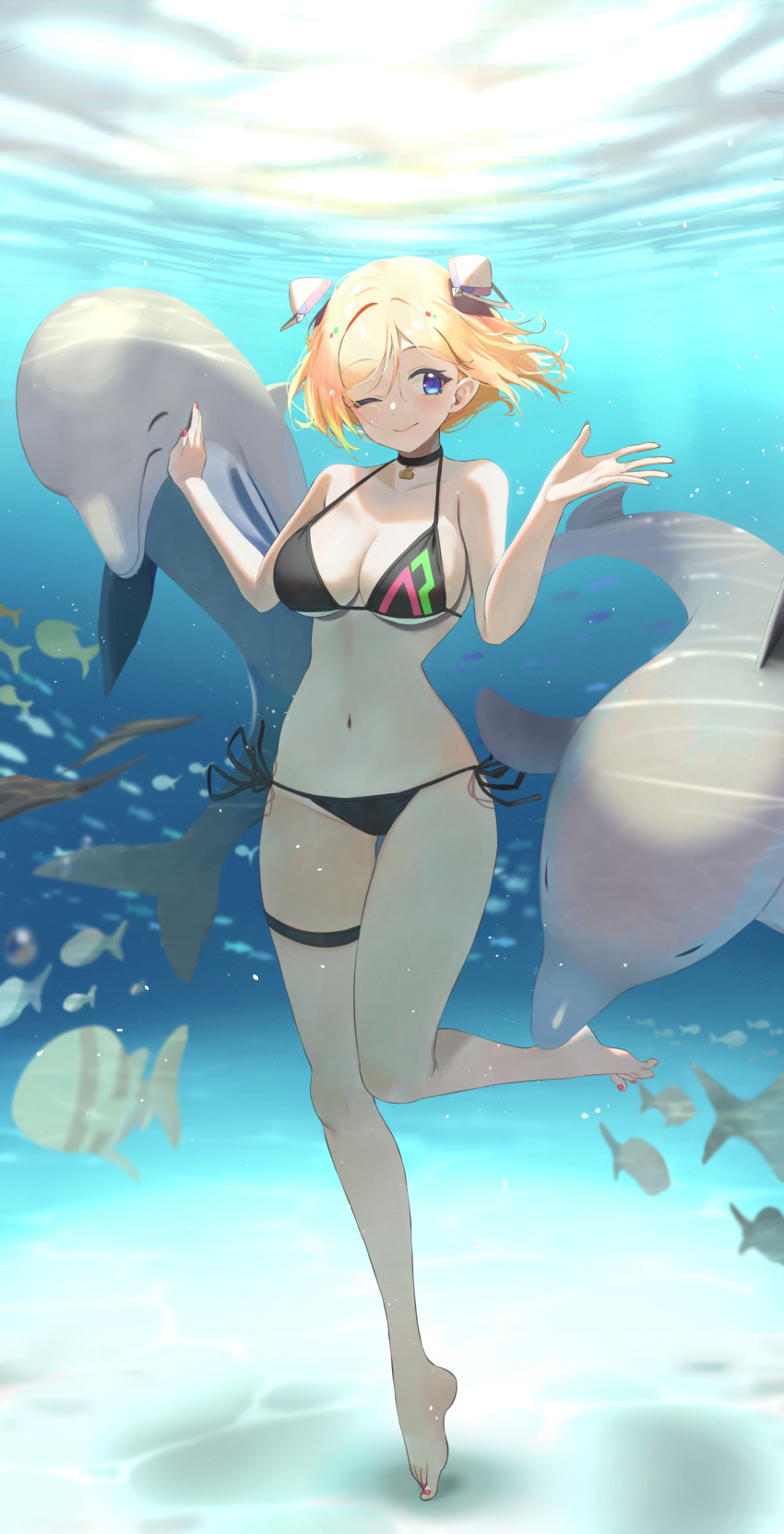 Safebooru - 1girl ;) absurdres aki rosenthal animal barefoot bikini black bikini black choker ...