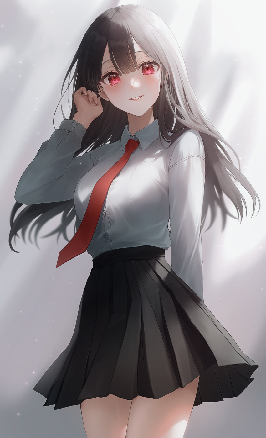 Safebooru - 1girl absurdres arm behind back bangs breasts brown hair collared shirt cowboy shot ...