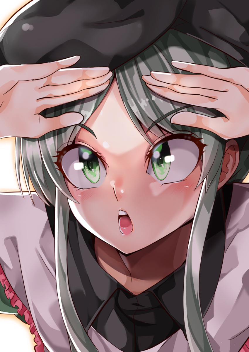 Safebooru - 1girl :o absurdres black headwear close-up commentary request eyebrows visible ...