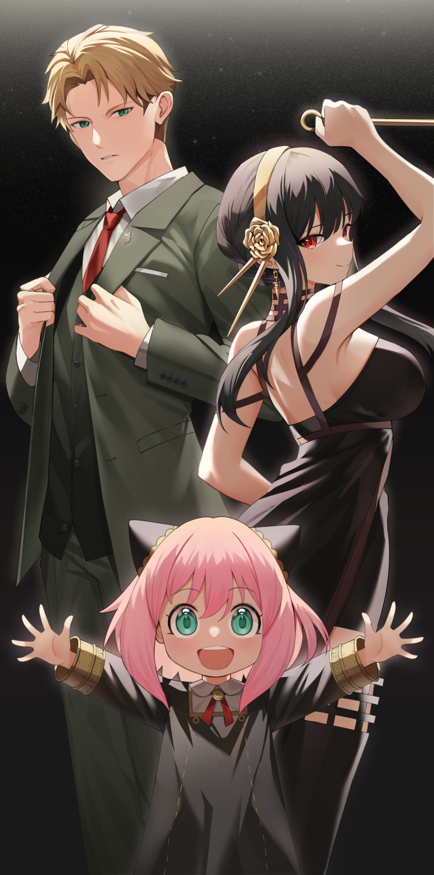 Safebooru - 1boy 2girls :d absurdres anya (spy x family) black background black dress blonde ...