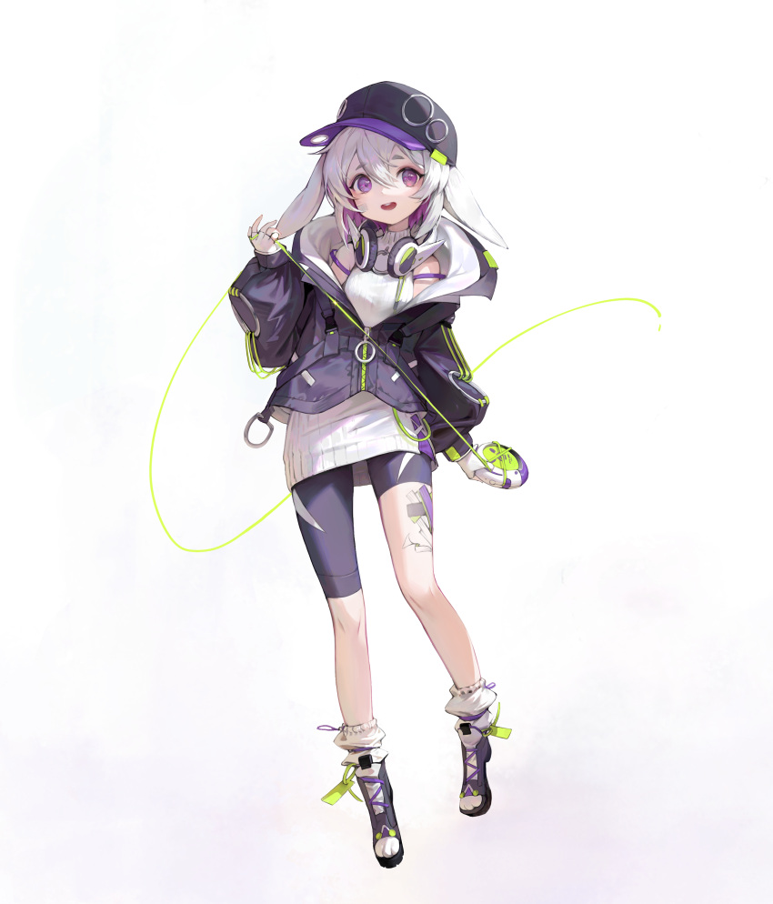 Safebooru - 1girl :d absurdres animal ears asymmetrical shorts bangs baseball cap black headwear ...