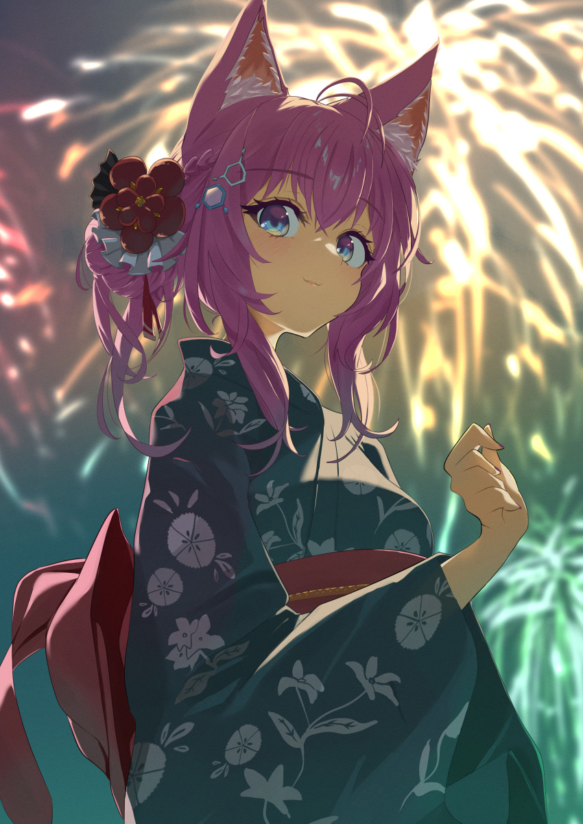 Safebooru - 1girl absurdres animal ear fluff animal ears antenna hair blue kimono blush braid ...