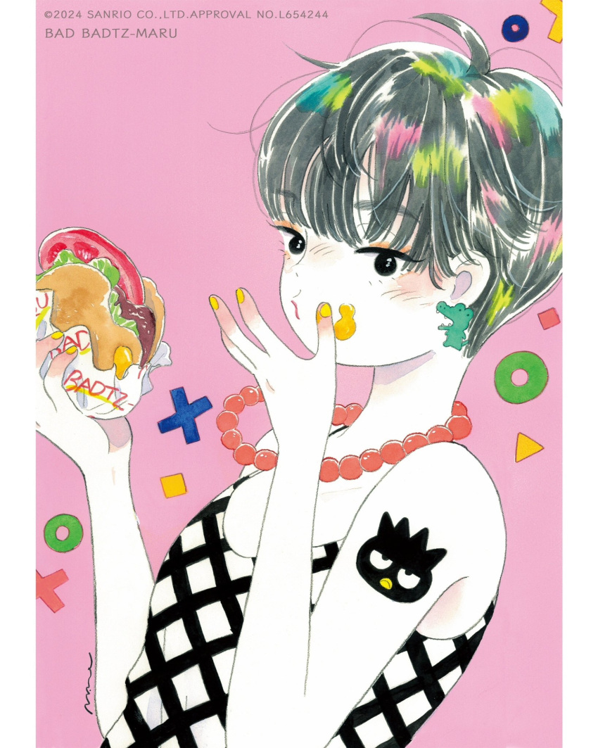 Safebooru - 1girl animal earrings badtz-maru bead necklace beads bird black eyes black hair ...