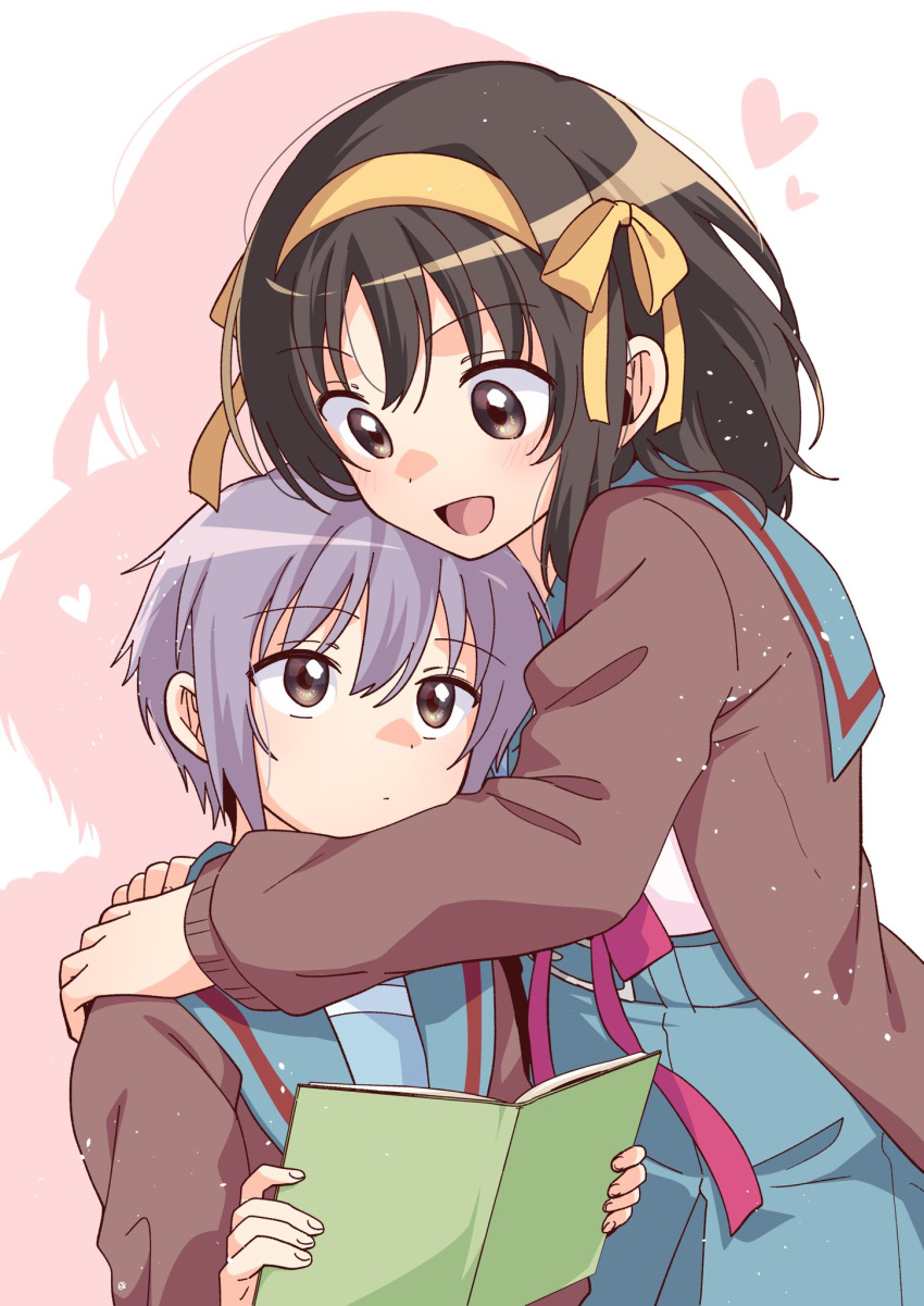 Safebooru - 2girls :d afterimage blue sailor collar blue skirt blush book brown cardigan brown ...