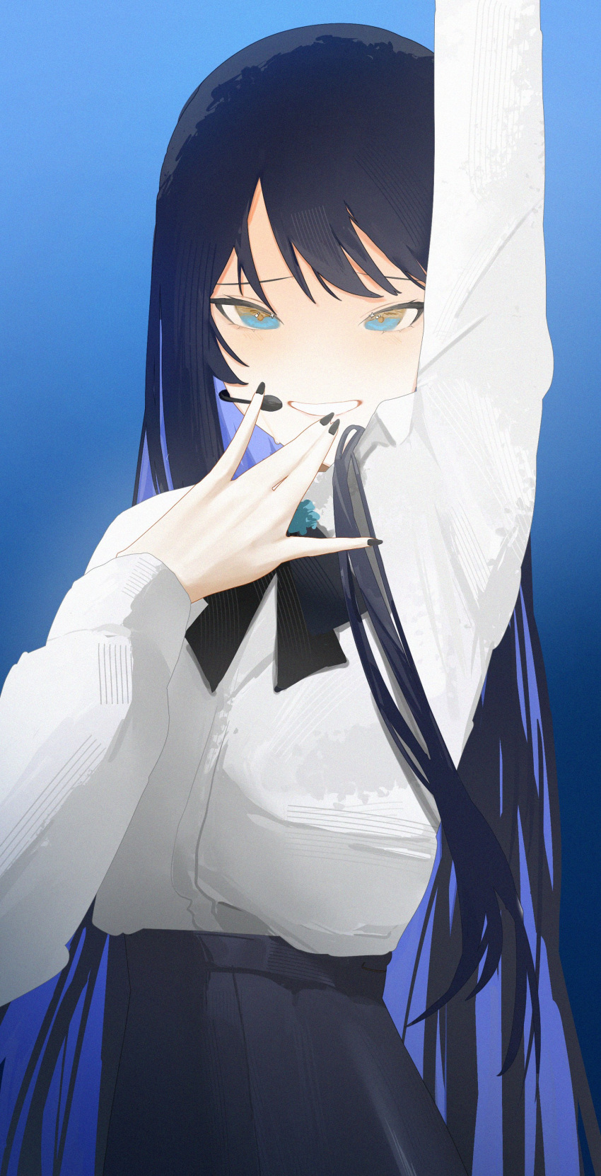 Safebooru - 1girl absurdres ado (utaite) arm up black hair black nails blue background blue eyes ...