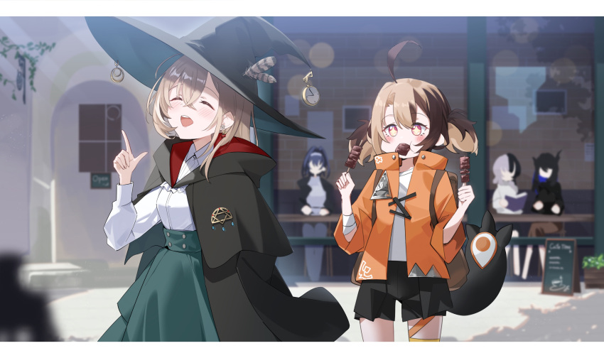 Safebooru - 5girls absurdres ahoge alternate costume black cloak black hair black shorts blue ...