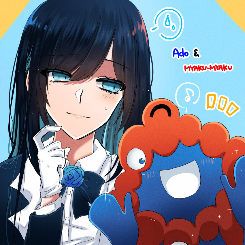 Safebooru - 1girl 1other ado (utaite) black hair blue eyes blue flower blue hair blue rose blush ...