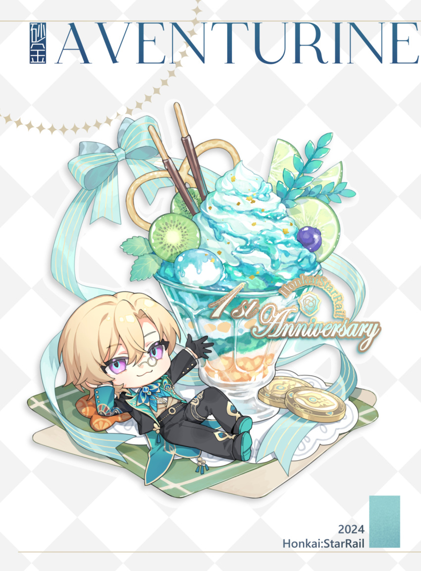 Safebooru - 1boy :3 anniversary aqua bow argyle background arm up aventurine (honkai: star rail ...