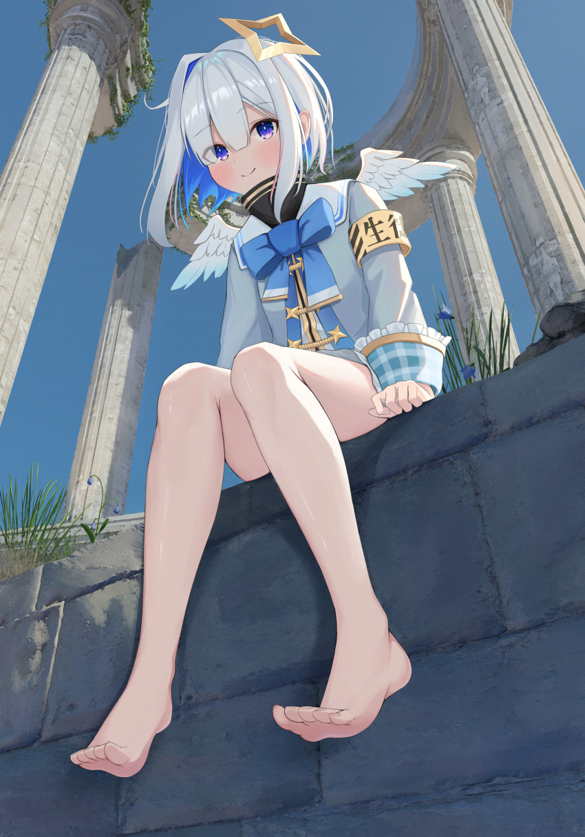 Safebooru - 1girl absurdres amane kanata angel angel wings bare legs barefoot blue hair blush ...