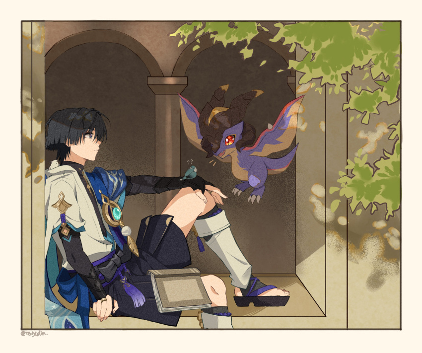 Safebooru - !? 1boy absurdres aqua gemstone artist name belt bird black bow black footwear black ...