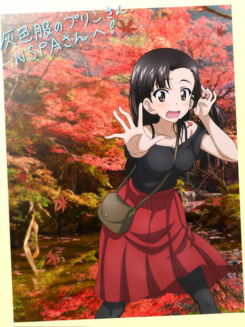 Safebooru - 1girl autumn autumn leaves bag black hair black shirt blush breasts brown eyes ...