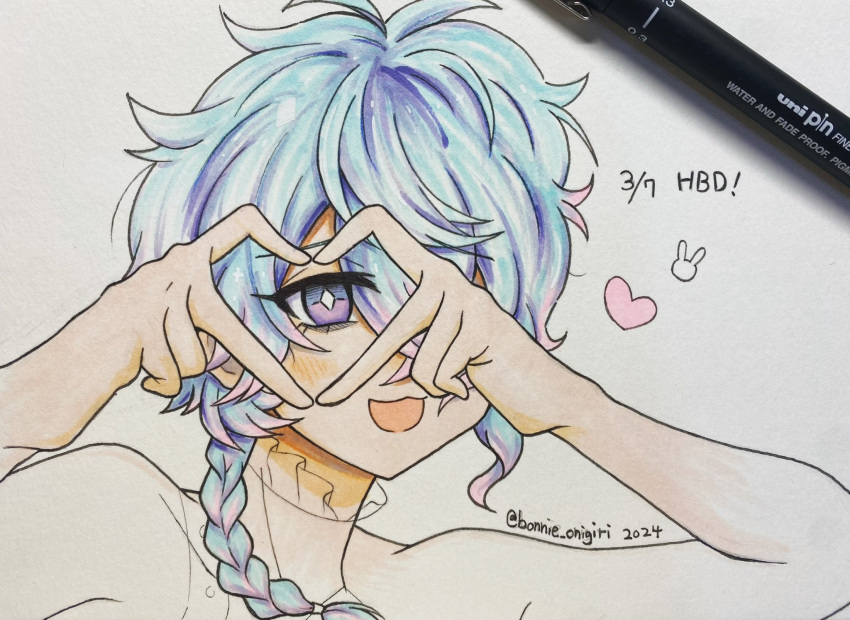 Safebooru - 1boy :3 blue hair bonnie onigiri braid dated heart heart ...