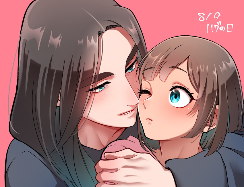 Safebooru - 1boy 1girl black shirt blue eyes brown hair commentary ...