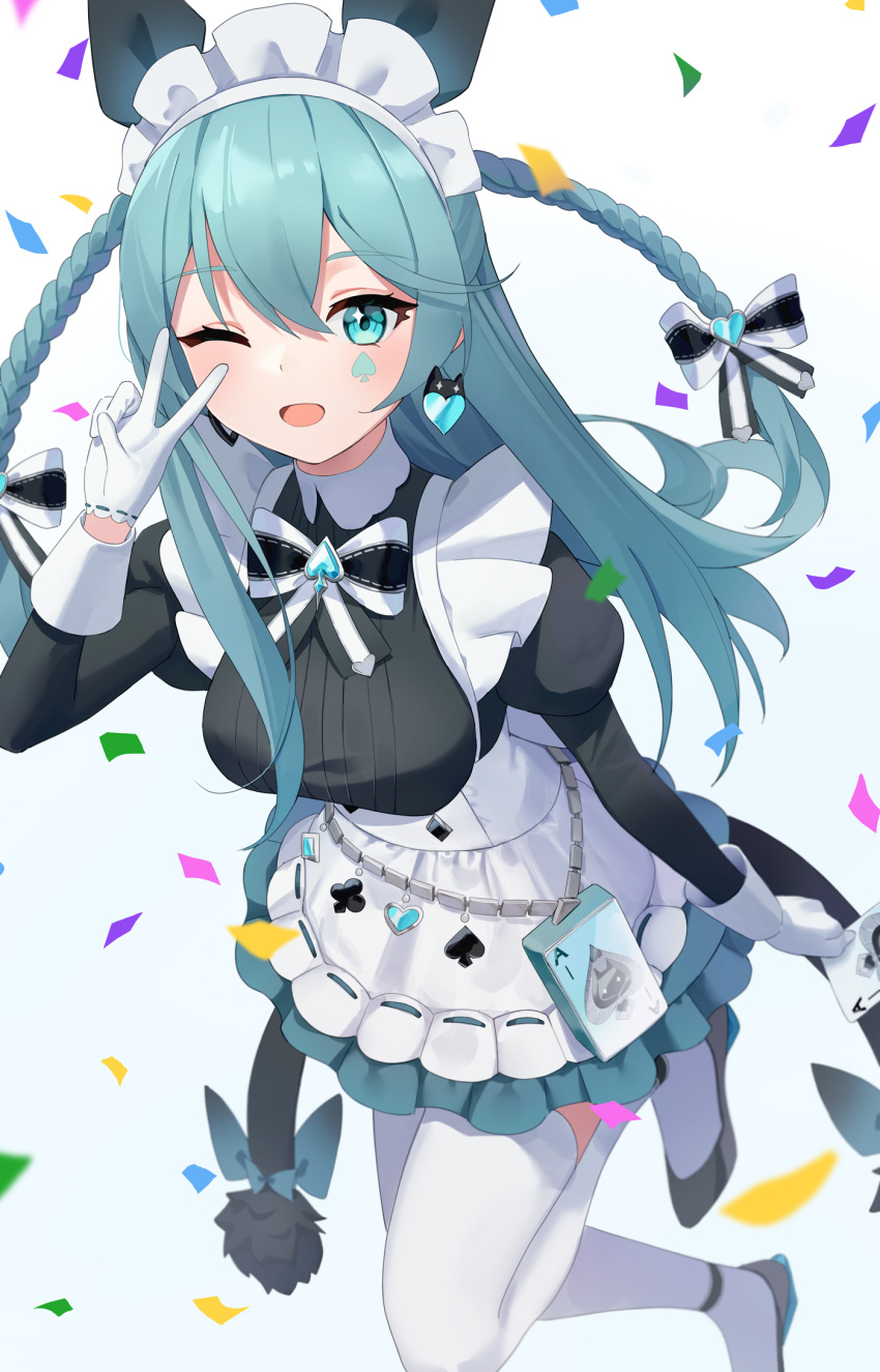 Safebooru - 1girl ;d alternate costume apron aqua eyes aqua hair black dress black footwear ...
