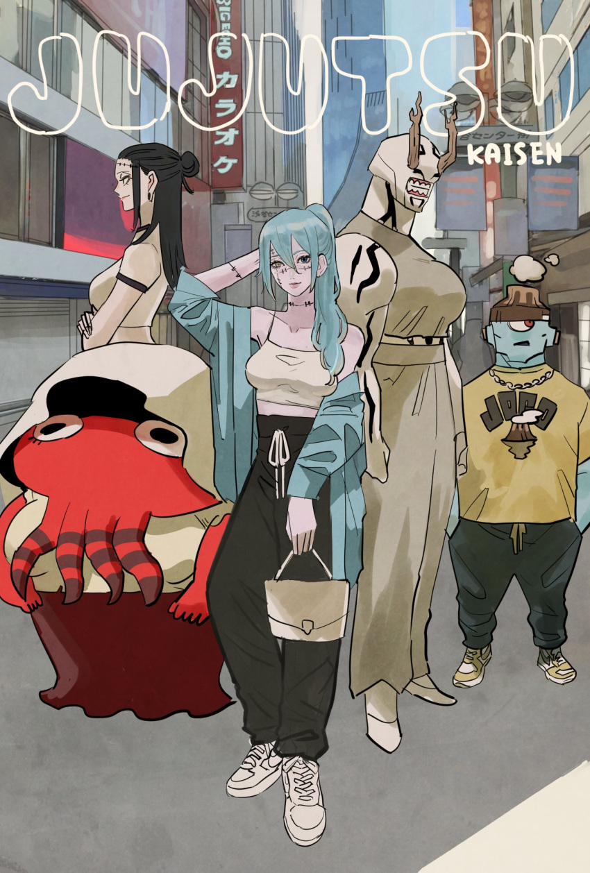 Safebooru - bag black hair blue hair city commentary request copyright ...