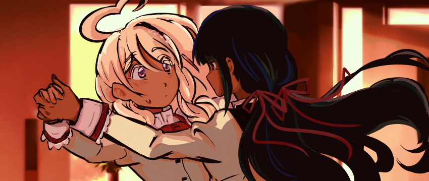 Safebooru - 2girls absurdres ahoge akamatsu kaede alternate skin color black hair blonde hair ...