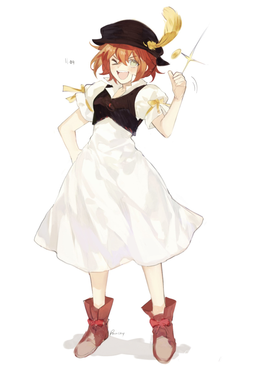 Safebooru - 1girl absurdres aubz blush brown hair dress full body green eyes hat highres looking ...