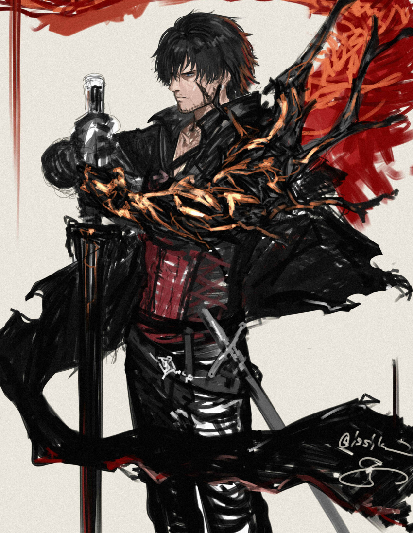 Safebooru - 1boy belt black belt black cape black hair black jacket black pants blue eyes cape ...