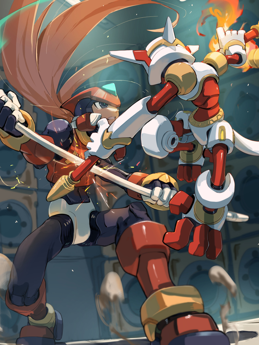 Safebooru - 2boys absurdres armor battle blonde hair fiery tail ...