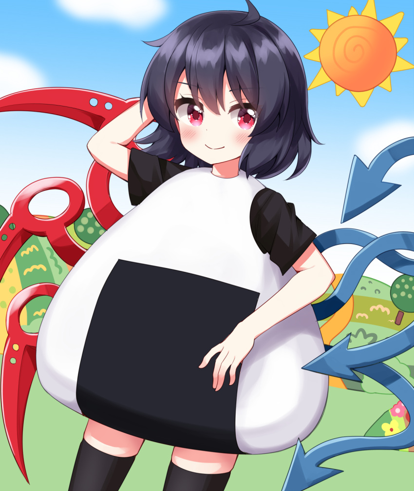 Safebooru - 1girl alternate costume arm behind head asymmetrical wings black hair black ...