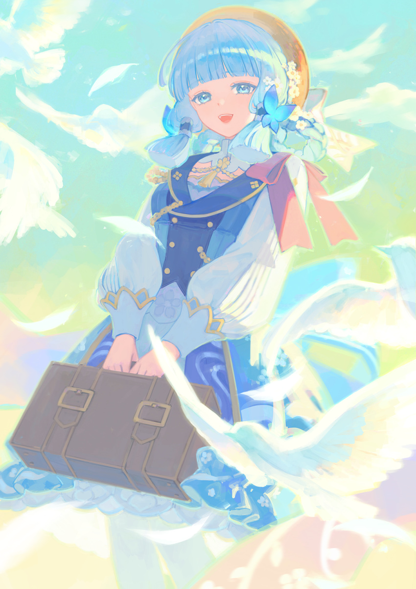 Safebooru - 1girl bird blue dress blue hair blunt bangs blunt tresses breasts brown hat ...