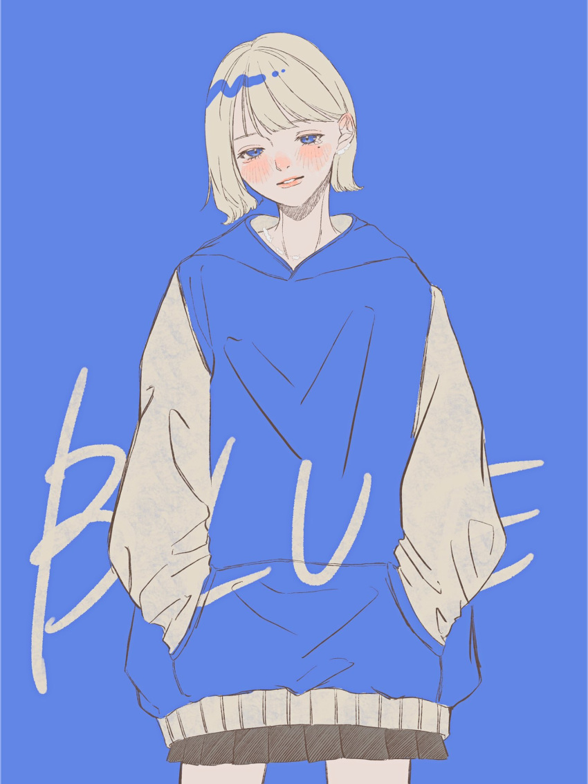 Safebooru - 1girl black skirt blonde hair blue background blue eyes blue sweater blunt bangs ...