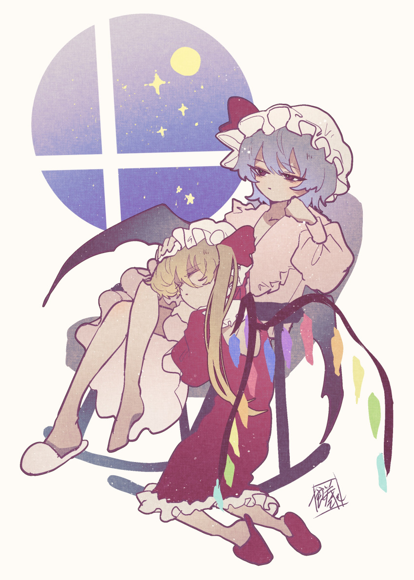 Safebooru - 2girls absurdres bat wings blonde hair blue hair closed eyes commentary request ...