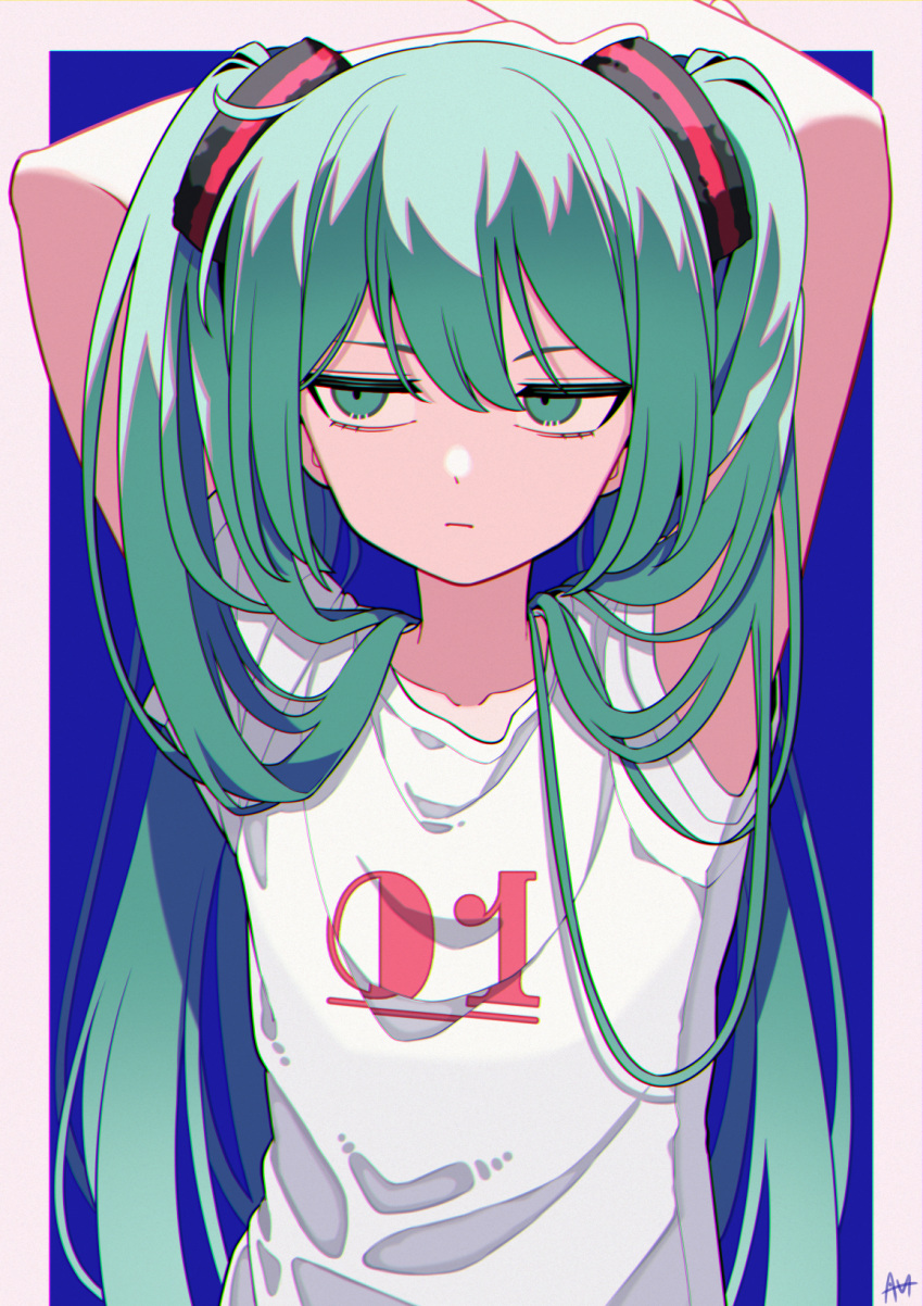 Safebooru - 1girl aqua eyes aqua hair arms behind head blue background closed mouth collarbone ...