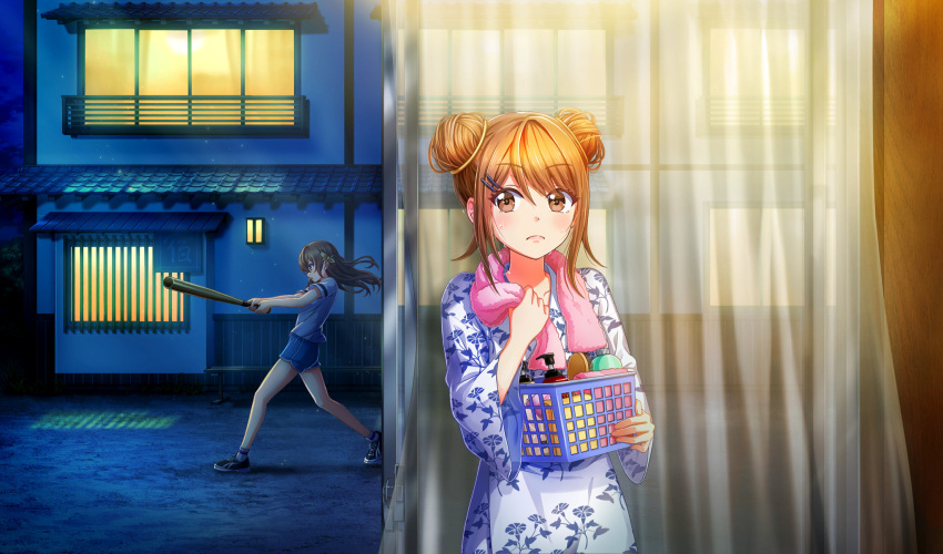 Safebooru - 2girls arihara tsubasa baseball bat blue eyes blue shorts ...