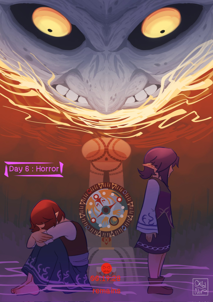 Safebooru - 1boy 1girl anju black hair black sclera black skirt brown footwear chibi nur colored ...