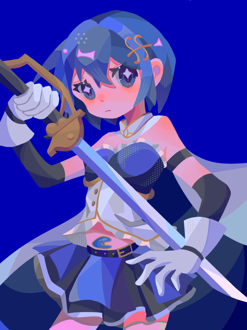 Safebooru - 1girl absurdres belt belt buckle black belt blue background blue cape blue eyes blue ...