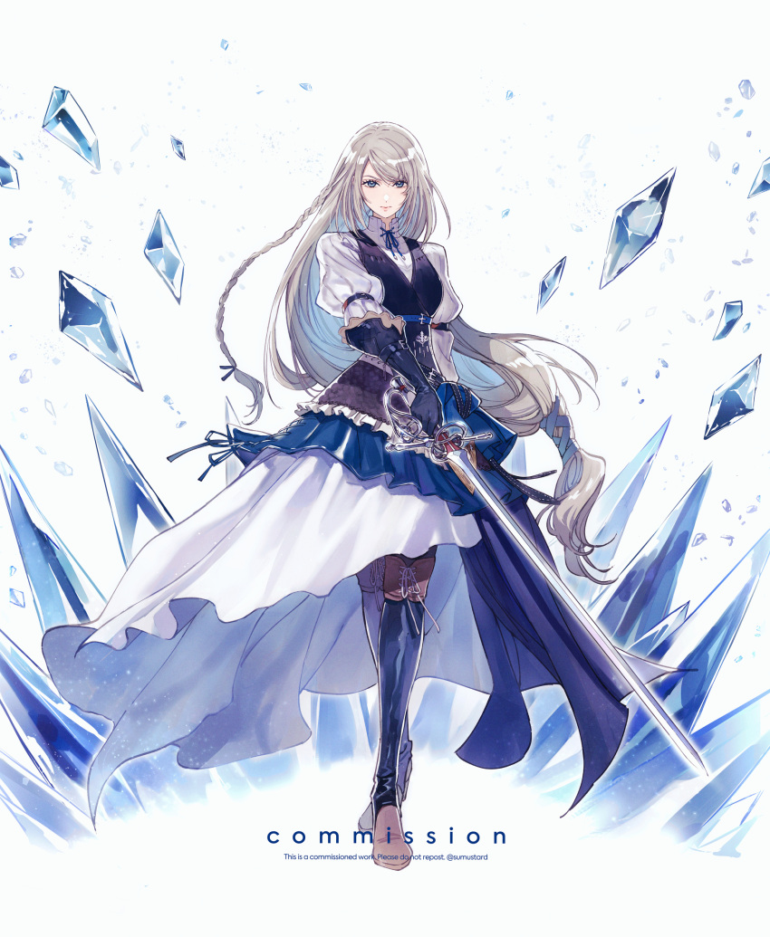 Safebooru - 1girl absurdres blue vest boots braid commission final ...