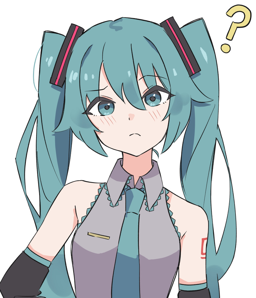 Safebooru - 1girl ? absurdres aqua eyes aqua hair aqua necktie bare shoulders black sleeves ...