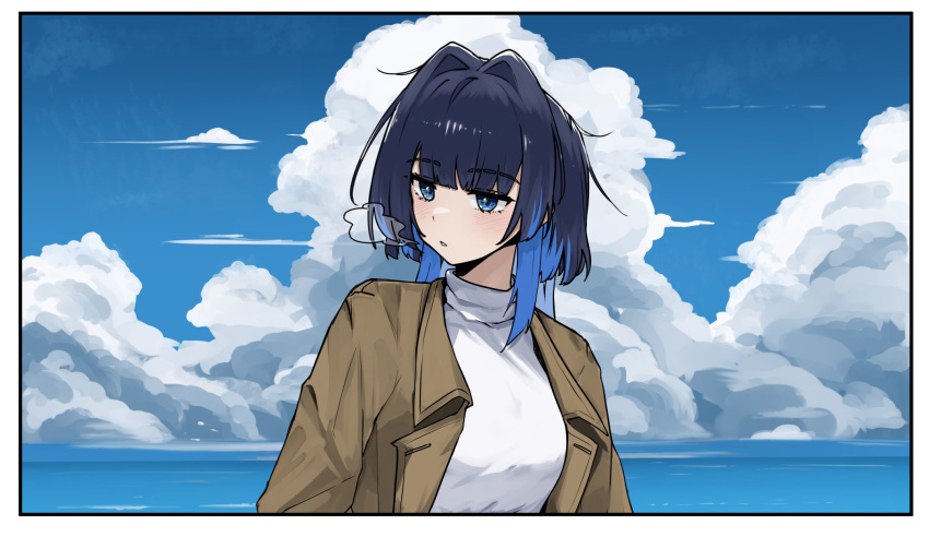 Safebooru - 1girl blue eyes blue hair brown coat clouds coat commentary guwall hair intakes ...