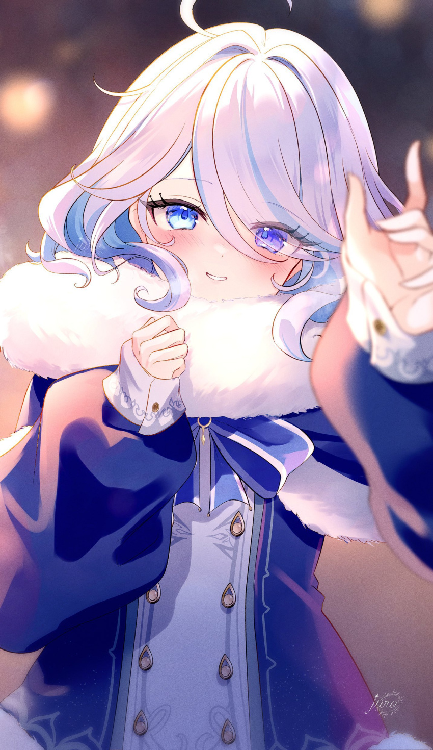 Safebooru - 1girl ahoge blue eyes blue hair blue jacket blush fur trim furina (genshin impact ...
