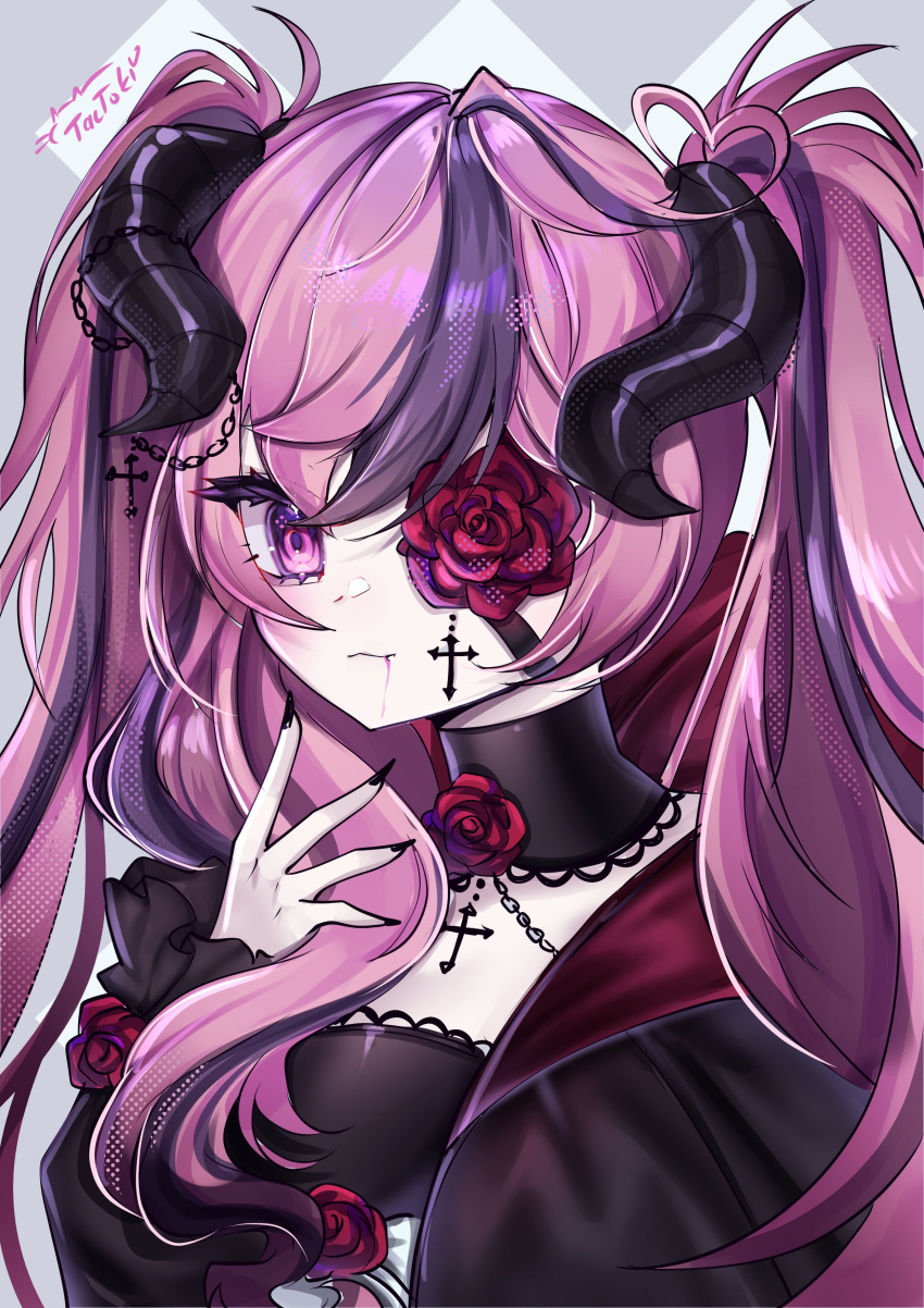 Safebooru - 1girl absurdres black choker black dress black nails choker demon girl demon horns ...