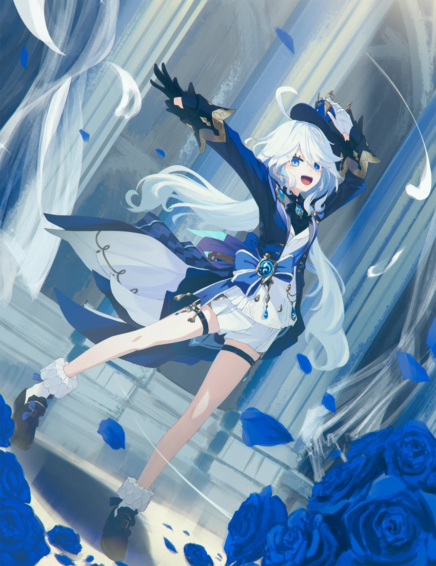 Safebooru - 1girl absurdres ahoge ascot asymmetrical gloves black ascot black gloves blue ascot ...