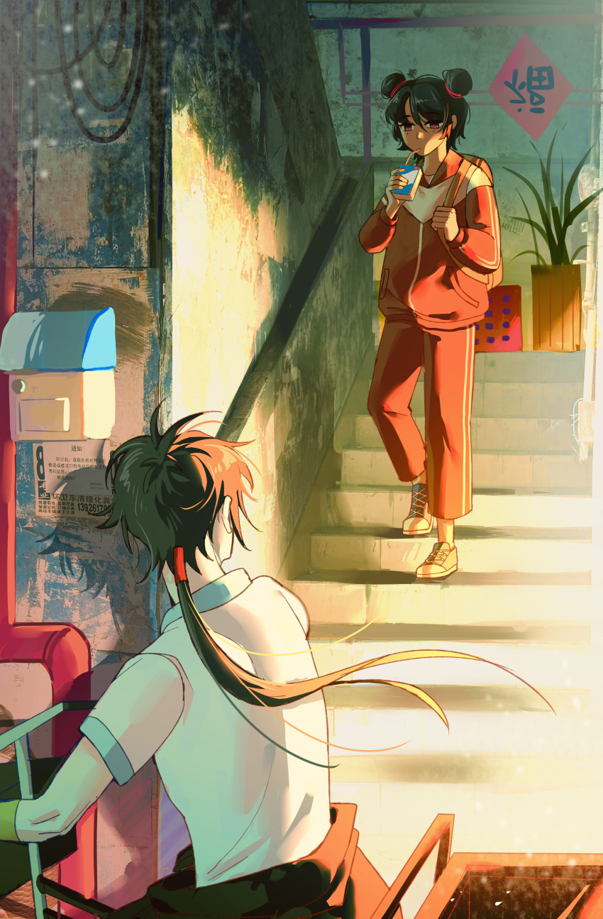 Safebooru - 1boy 1girl absurdres backpack bag black eyes black hair chinese commentary ...