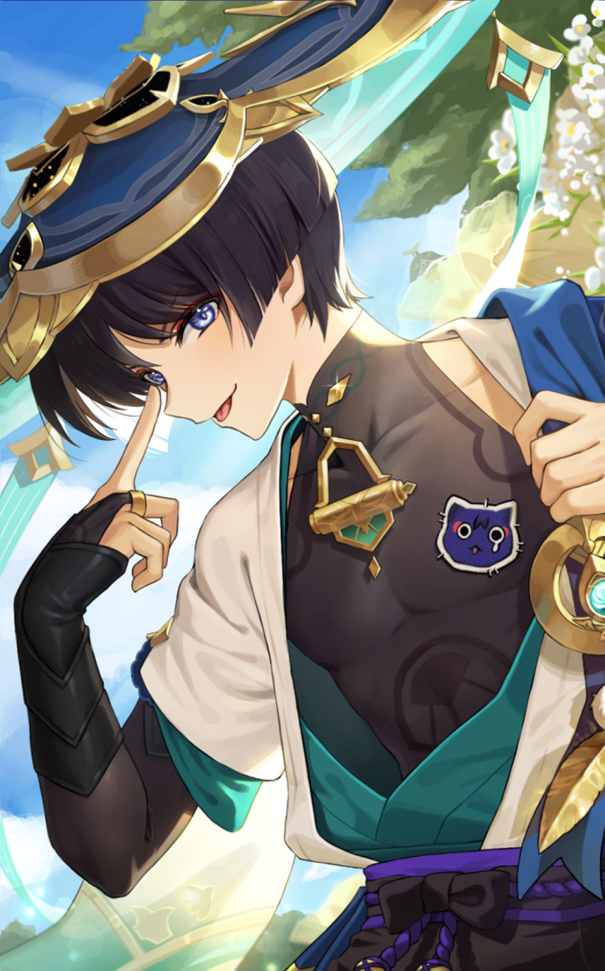 Safebooru - 1boy akanbe anemo symbol (genshin impact) aqua sleeves armor black hair blunt ends ...